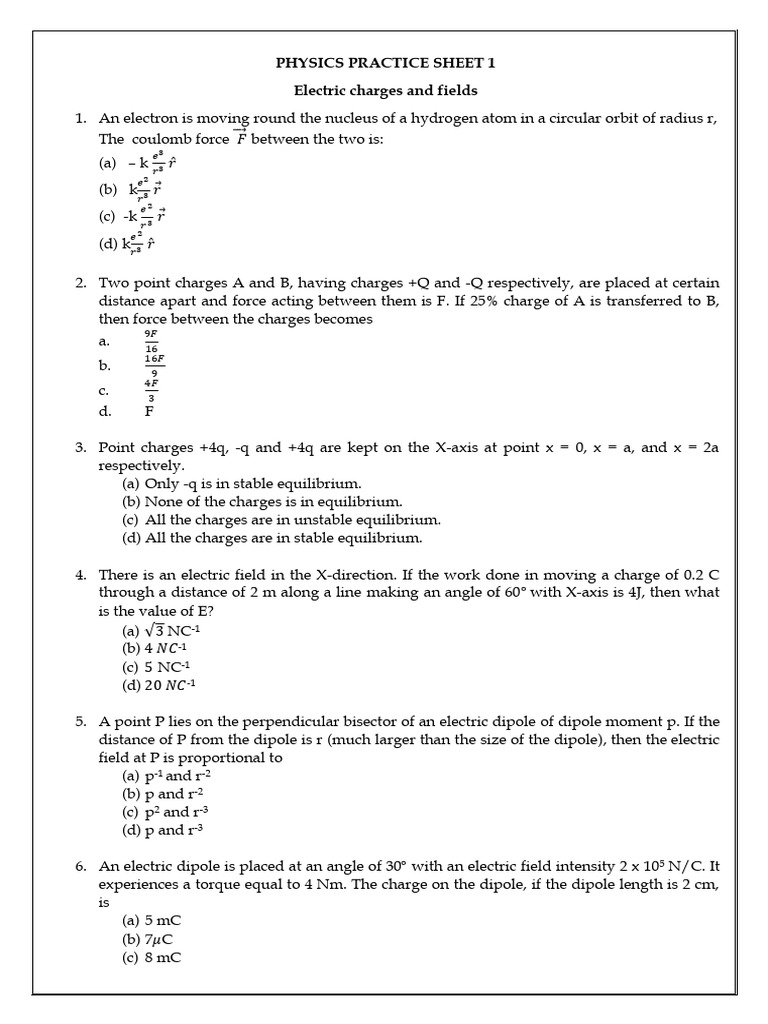 Electric Charges and Fields Practice Sheet | PDF | Sphere | Physics