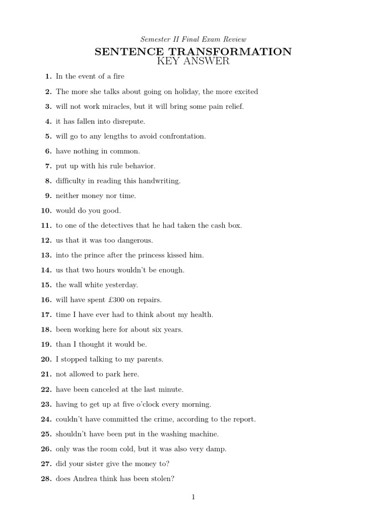 SENTENCE TRANSFORMATION KEY | PDF