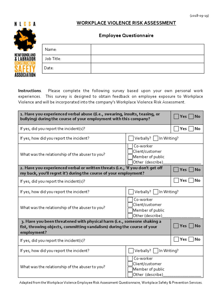 Workplace Violence Employee Questionnaire | PDF | Violence | Social ...