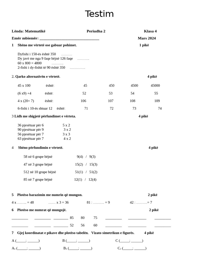 Testim2 Matematikë4 | PDF