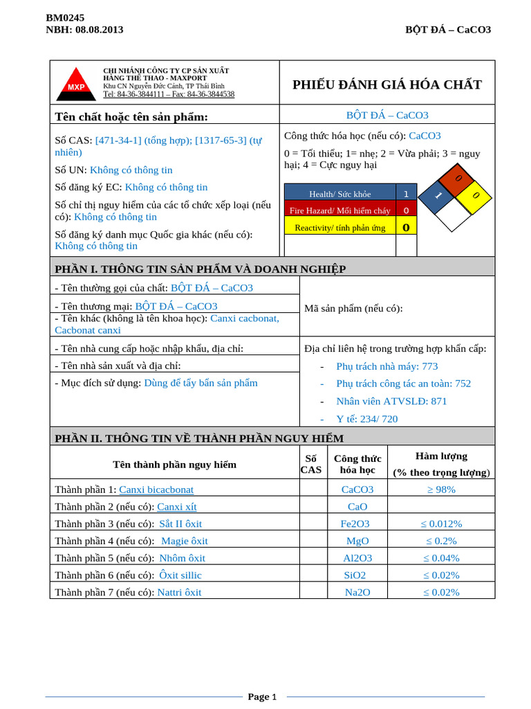 MSDS CaCO3 Bot Da | PDF