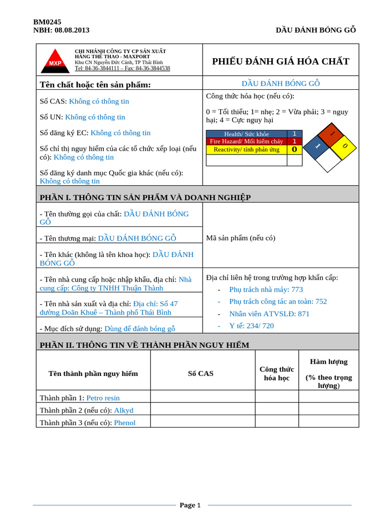 MSDS Dau Danh Bong Go | PDF