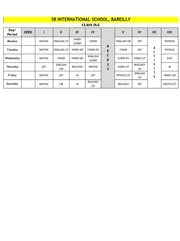 Time Table Class Ix-C | PDF