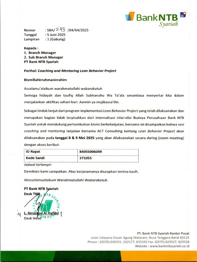 Surat Coaching & Mentoring Lean Behaviour Project - Unit Kerja | PDF