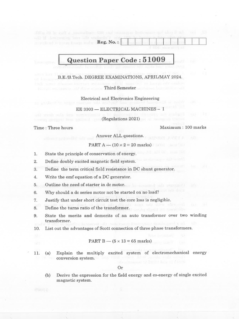 Electrical Machines I - EE3303 2021 Regulation - Semester Question ...