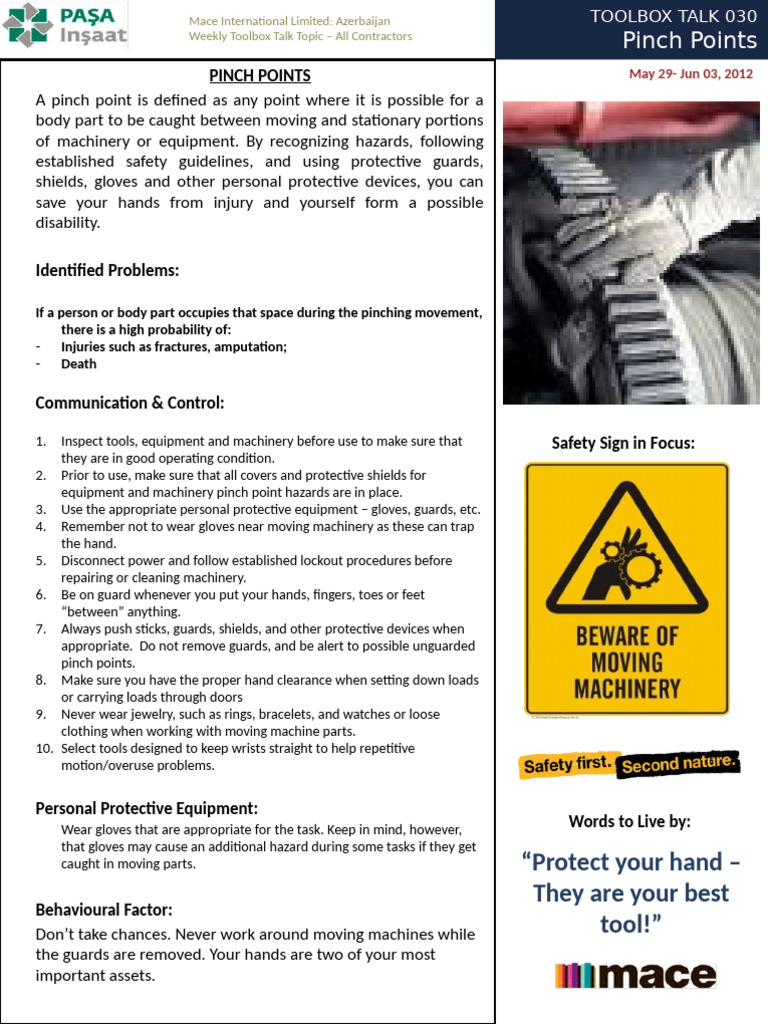 Pinch Point Safety Toolbox Talk | PDF | Occupational Safety And Health ...