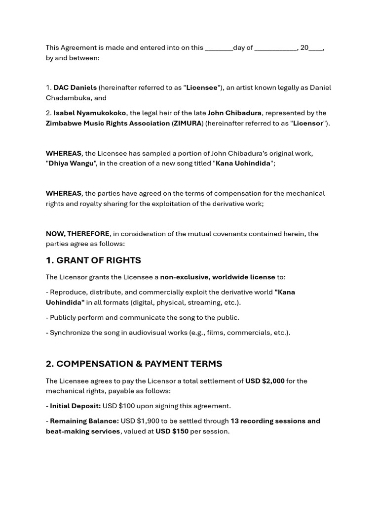 License Agreement for Chibadura's Work | PDF | License | Royalty Payment