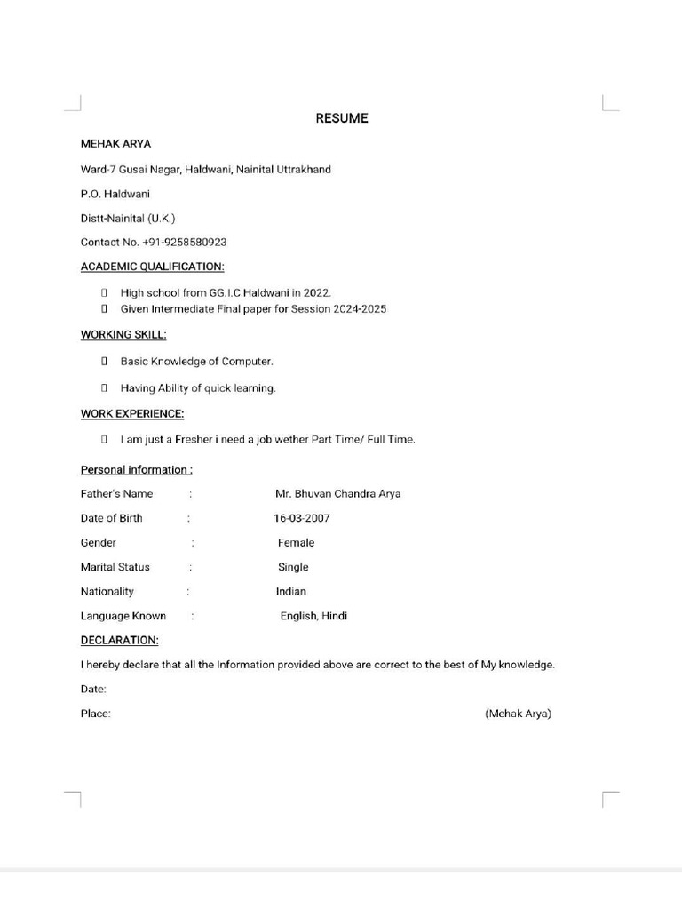 Mehak Arya CV | PDF
