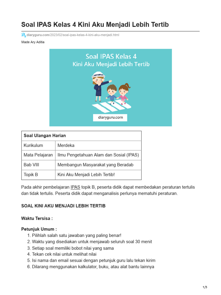 Soal IPAS Kelas 4 Kini Aku Menjadi Lebih Tertib | PDF