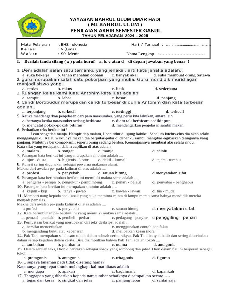 Soal Sas Bhs Indonesia Kls 5 Ganjil | PDF