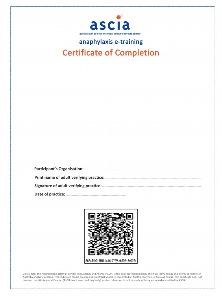 ASCIA Anaphylaxis Etraining For CEC-Certificate of Completion For 100% ...