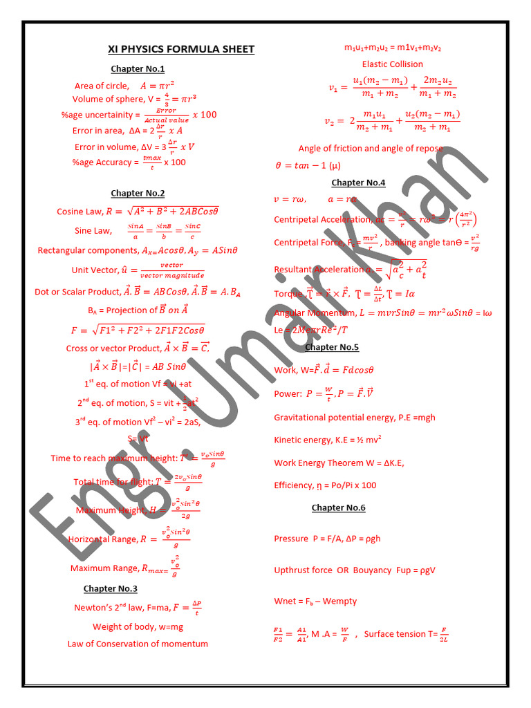 Xi Phy Formula List (New) | PDF | Force | Newton's Laws Of Motion