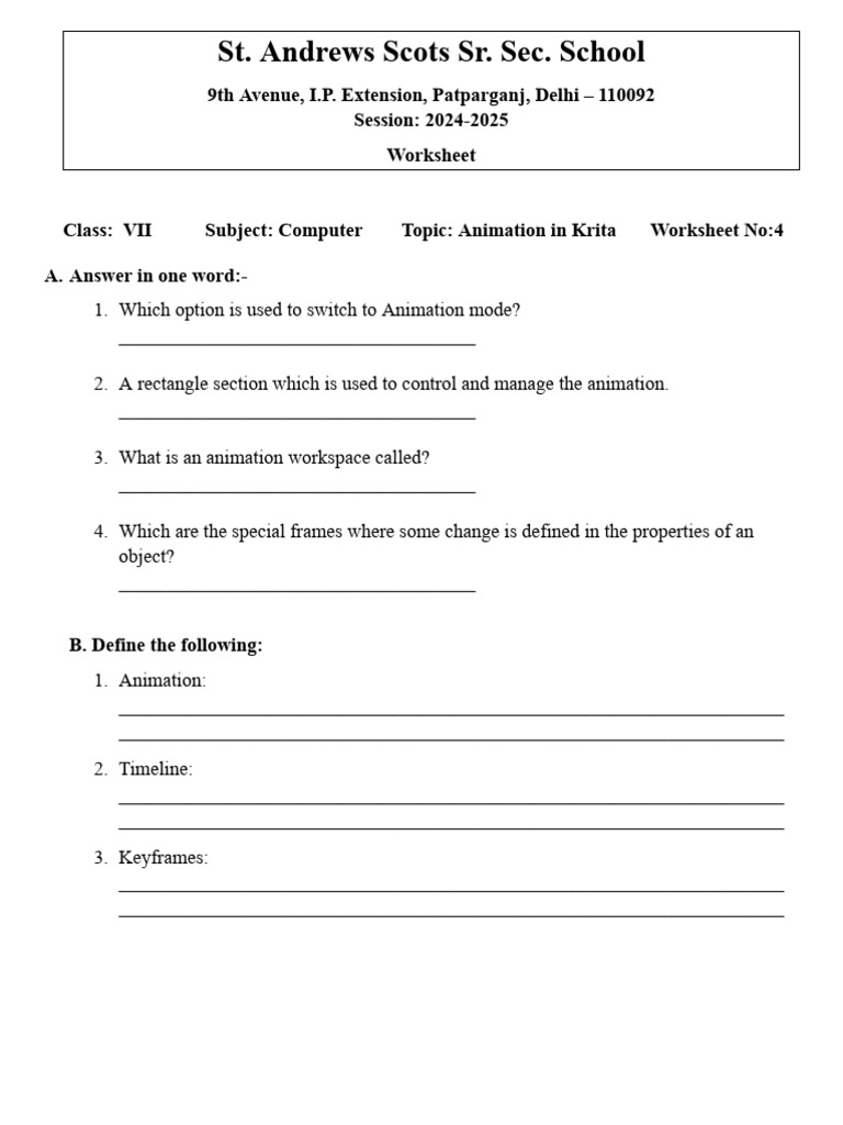 Animation in Krita: Class 7 Worksheet | PDF