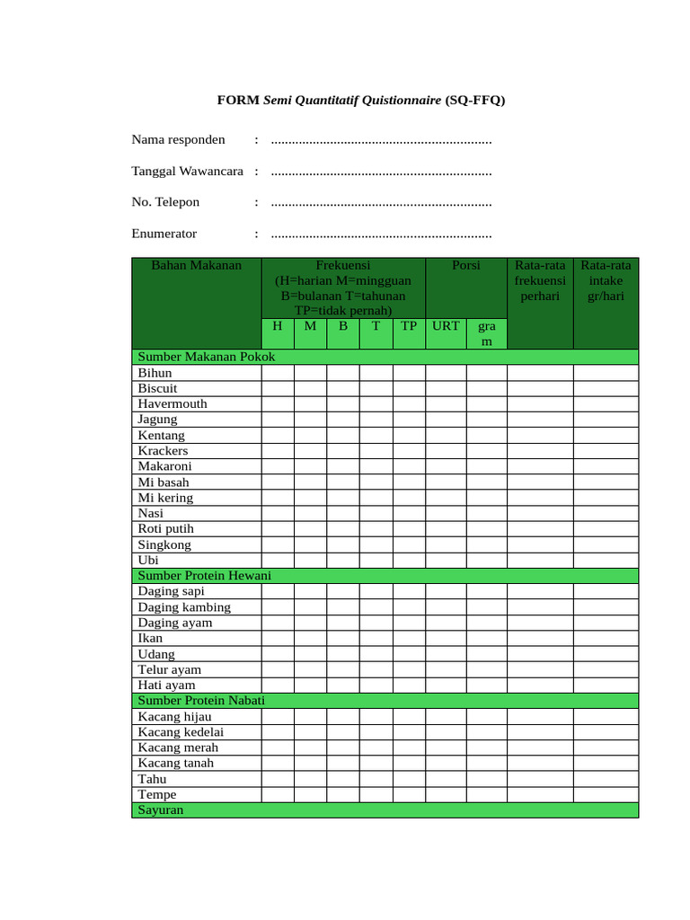 SQ-FFQ Food Frequency Questionnaire | PDF