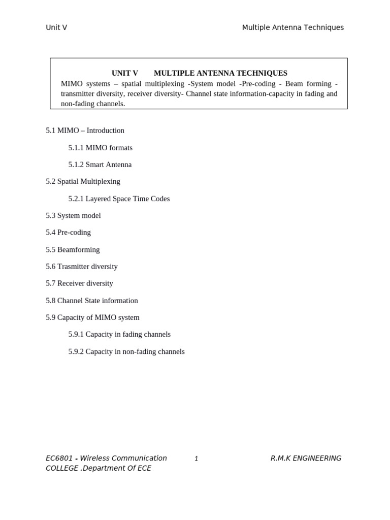 Unit_V_Multiple Antenna Techniques | PDF | Mimo | Telecommunications Engineering