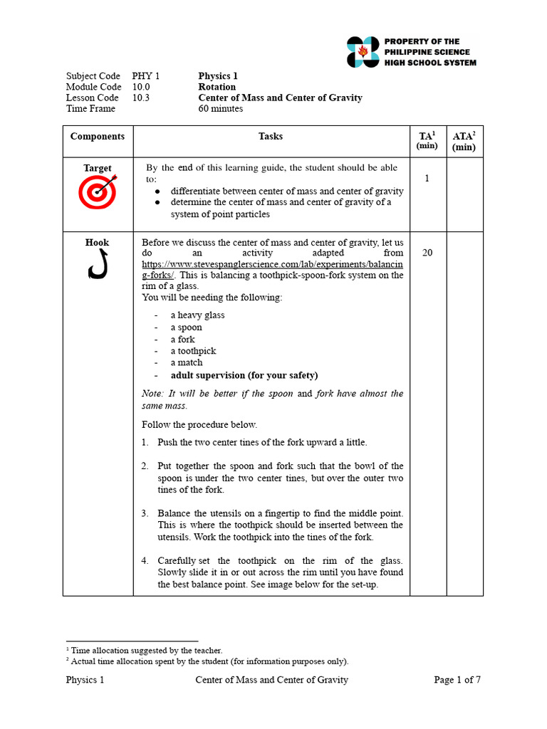 SLG - Phy 1 - Module 10.0 - Lesson 10.3 Center of Mass | PDF | Center ...