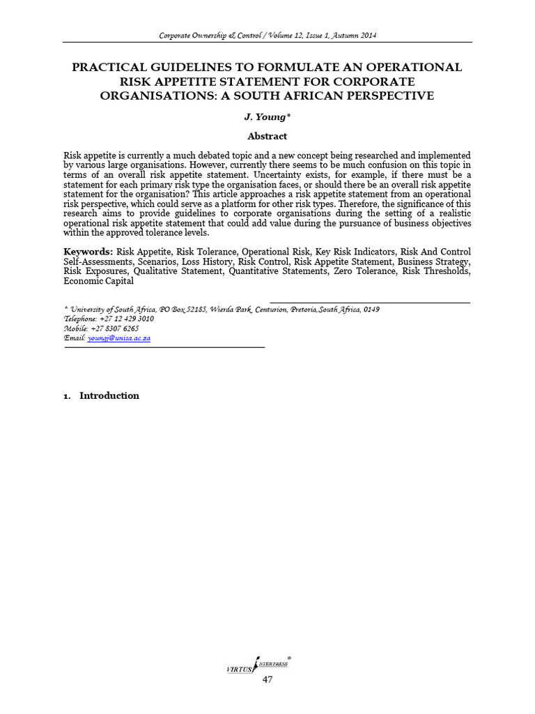 Practical Guidelines To Formulate An Operational Risk Appetite ...