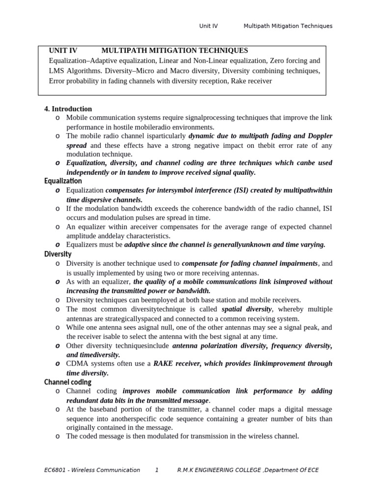 Unit - IV - MULTIPATH MITIGATION TECHNIQUES | PDF | Antenna (Radio) | Modulation
