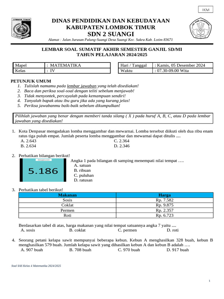 NASKAH SOAL MATEMATIKA SAS GANJIL KLS 4 | PDF