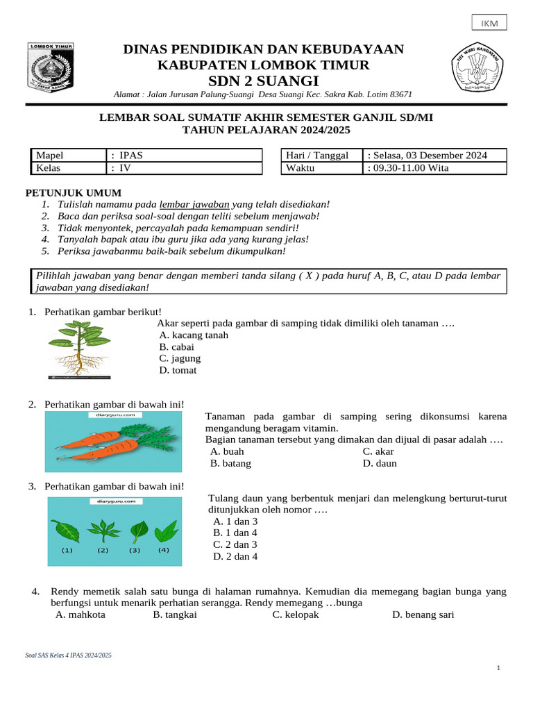 Naskah Soal Ipas Sas Ganjil Kelas 4 Ikm 2024-2025 | PDF