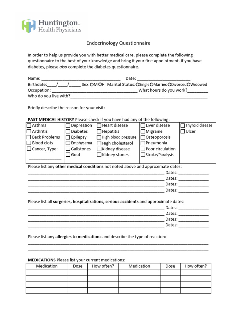 Adult Endocrinology New Patient Questionnaire FILLABLE 04.17.20 | PDF ...