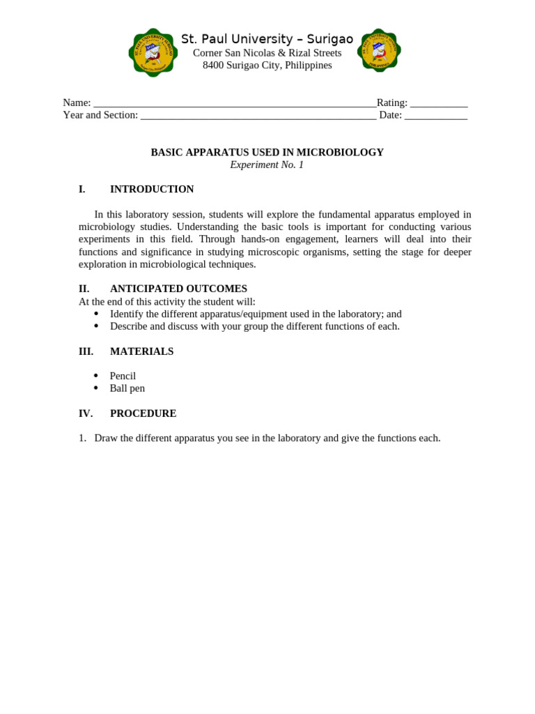 Laboratory Activity 1 Basic Apparatus Used in Microbiology 2 | PDF