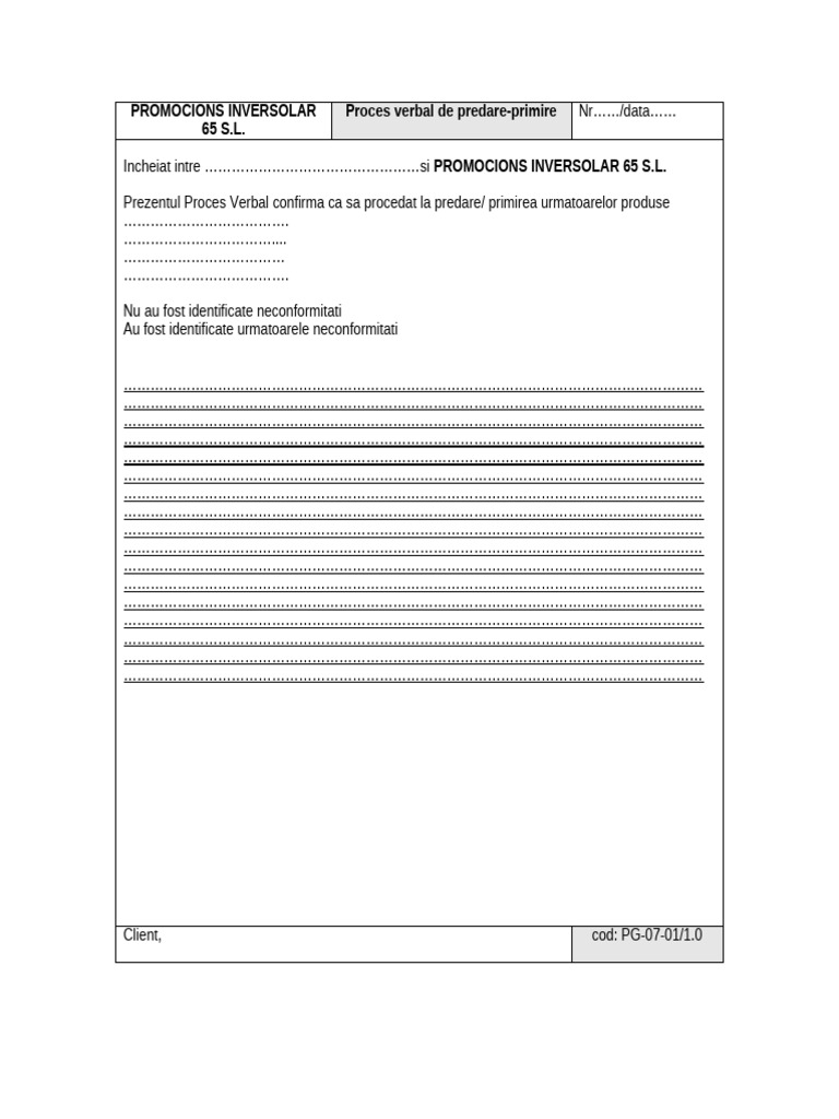 PG-07-01-Proces Verbal de Predare-Primire | PDF