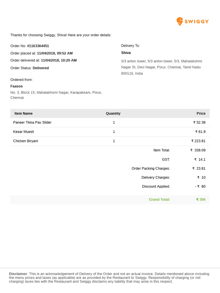 Swiggy Order 1163364451 | PDF | Payments