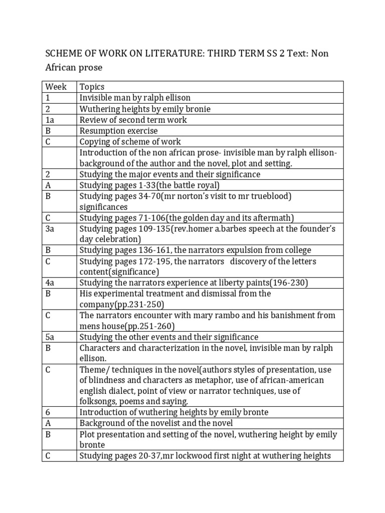 Scheme of Work On Literature Ss 2 | PDF