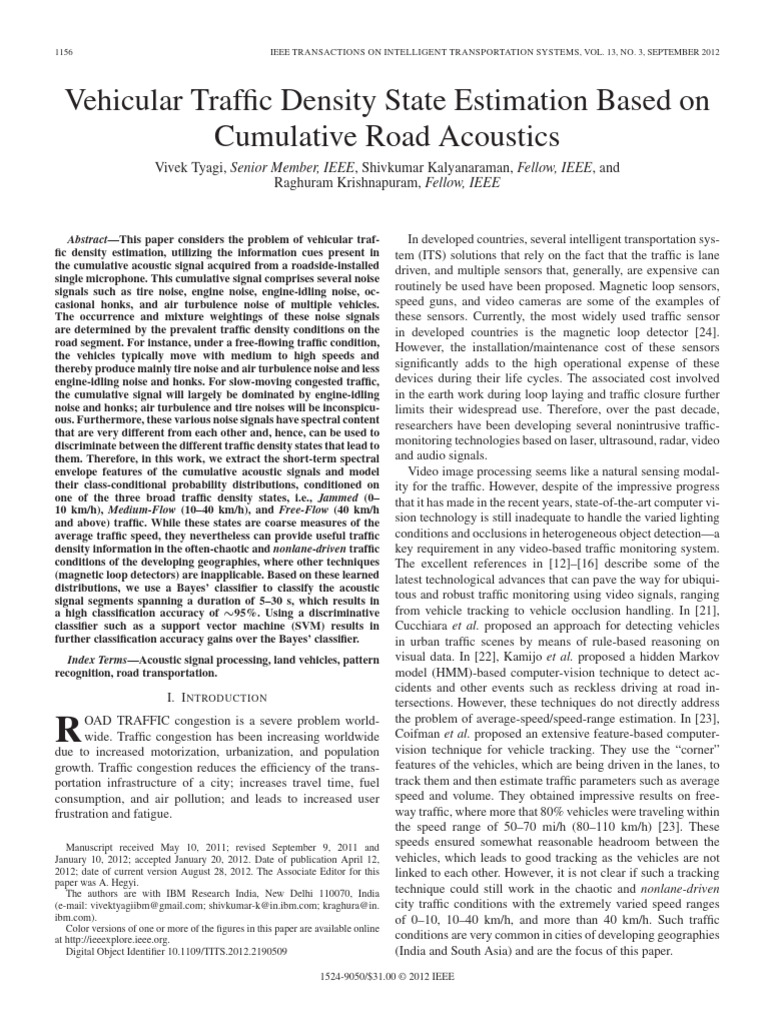 Vehicular Traffic Density State Estimation Based On Cumulative Road Acoustics | PDF | Traffic