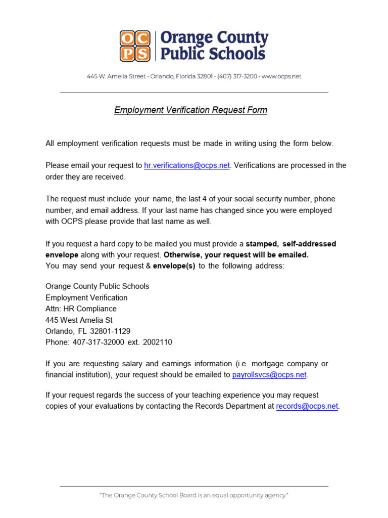 OCPS Employment Verification Request Form | PDF | Written Communication