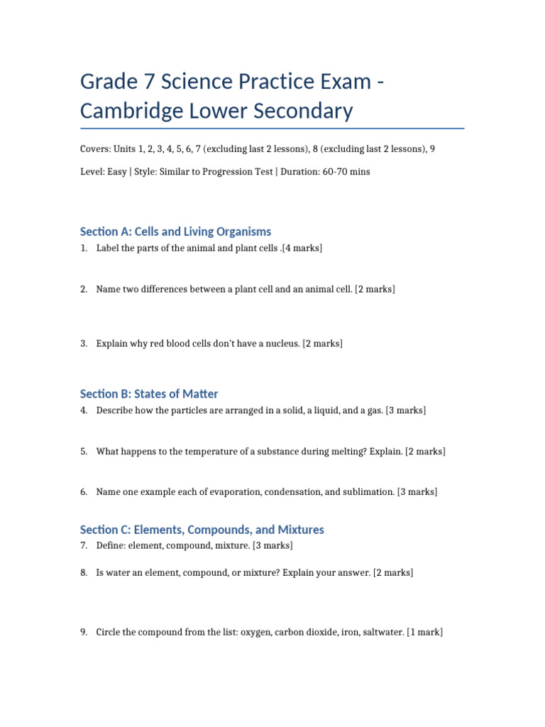 Grade7 Science Practice Exam | PDF