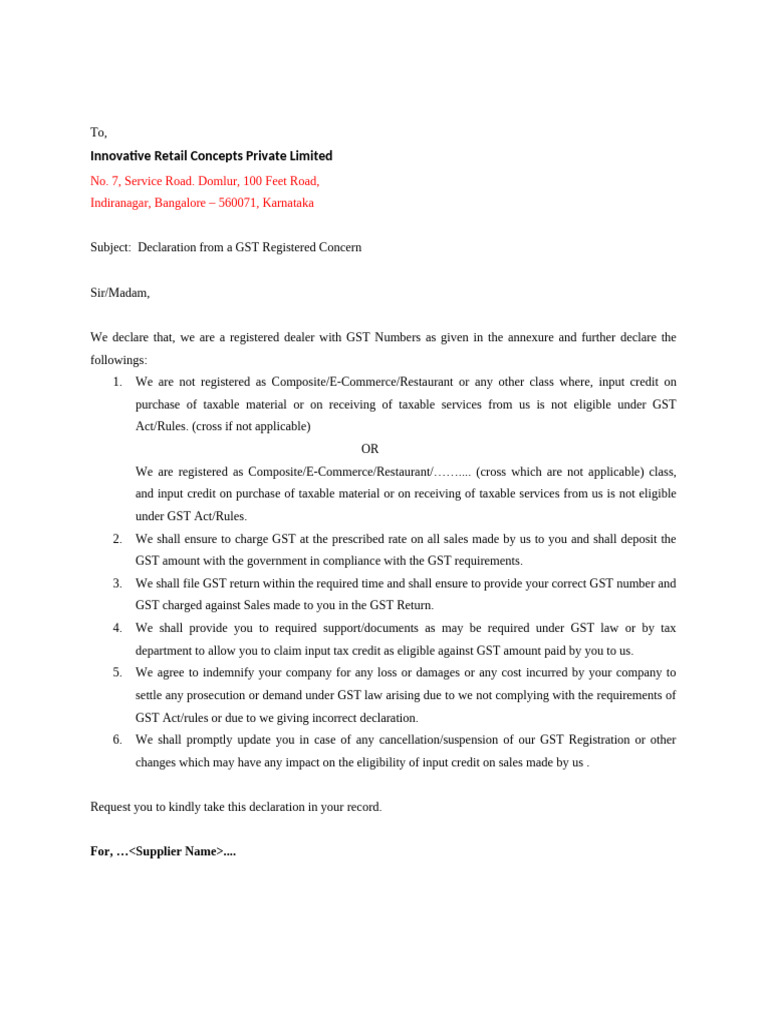 Declaration Format For GST Registered | PDF
