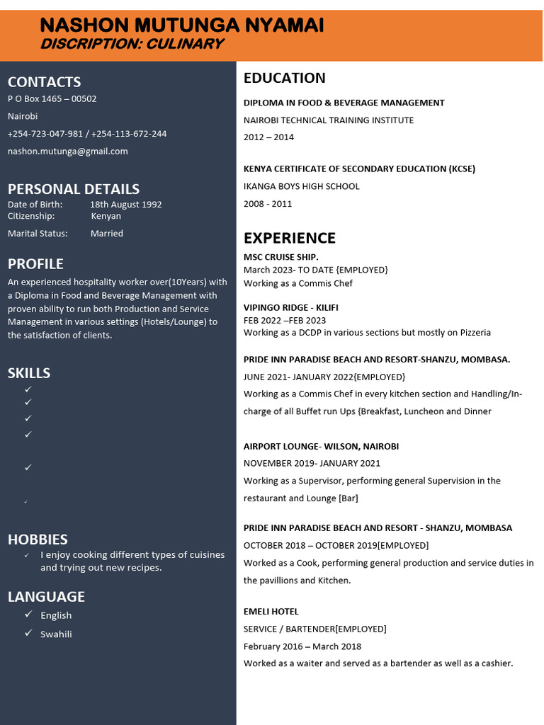 NASHON MUTUNGA NYAMAI Updated CV | PDF | Chef | Food And Drink Preparation