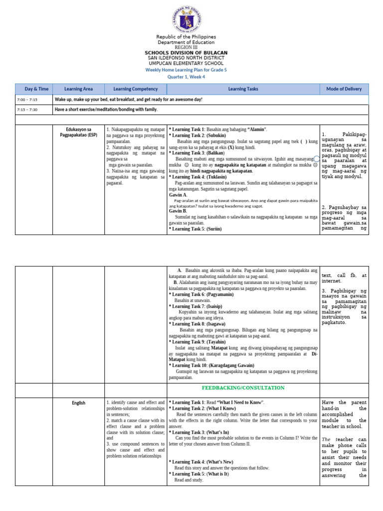 WHLP Grade 5 Q1 W4 All Subjects | PDF | Learning | Elementary Mathematics
