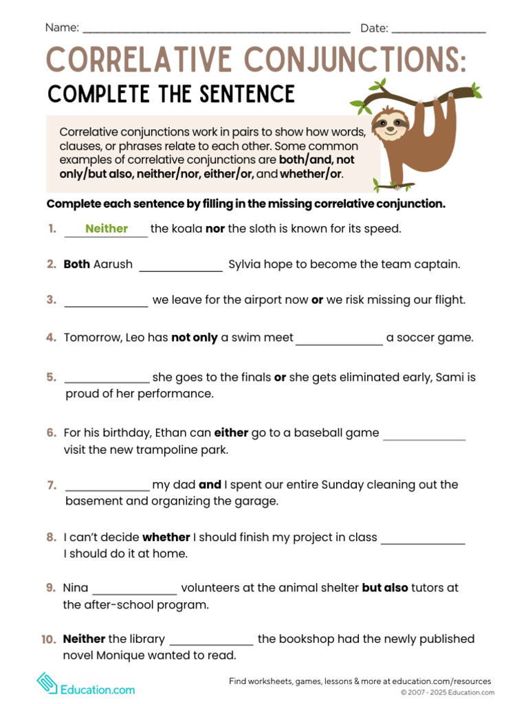 Correlative Conjunctions Complete The Sentence | PDF