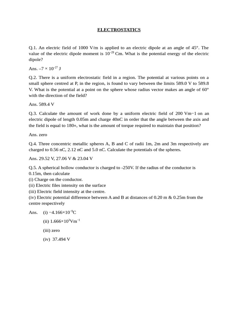 Electrostatics IMPORTANT QUESTIONS | PDF