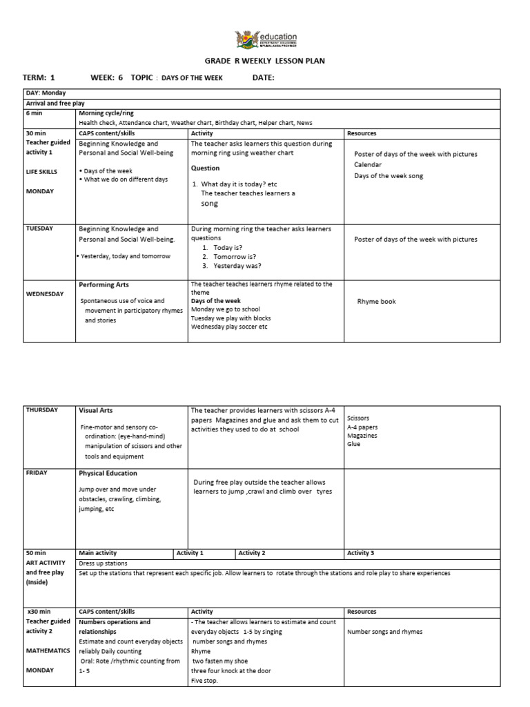Term 1 Week 6 Grade R English Examplar Weekly Lesson Plan | PDF ...