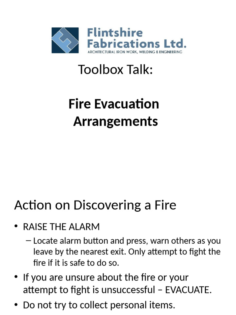 Fire Evacuation Arrangements Toolbox Talk FF | PDF