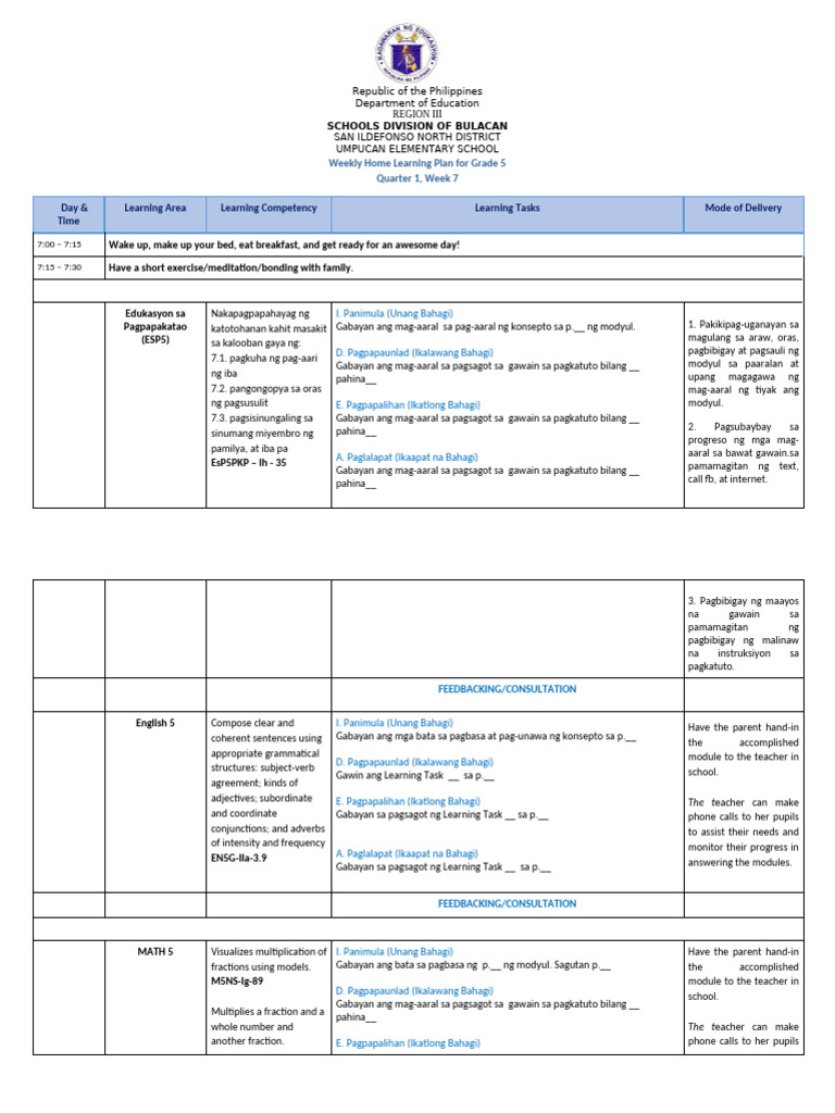 WHLP Grade 5 Q1 W7 All Subjects | PDF