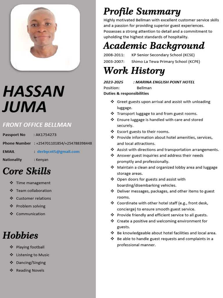 Hassan Juma CV3 Front Office Bellman1 | PDF | Baggage | Hotel