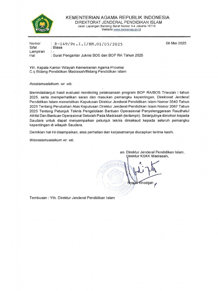 Surat Pengantar Revisi Juknis BOS Dan BOP RA Tahun 2025 - 0001 | PDF