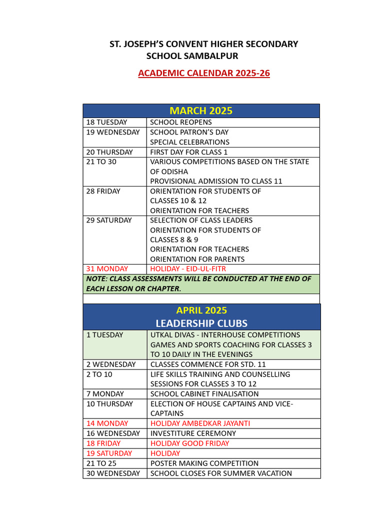 St. Joseph's School Academic Calendar 2025-26 | PDF | Academic Term ...