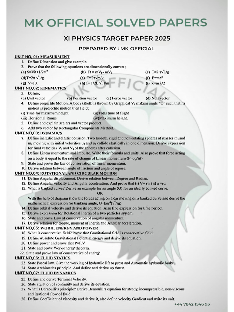 XI PHYSICS TARGET PAPER 2025 BY MK OFFICIAL | PDF