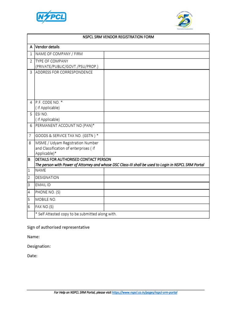 NSPCL SRM Registration Form | PDF