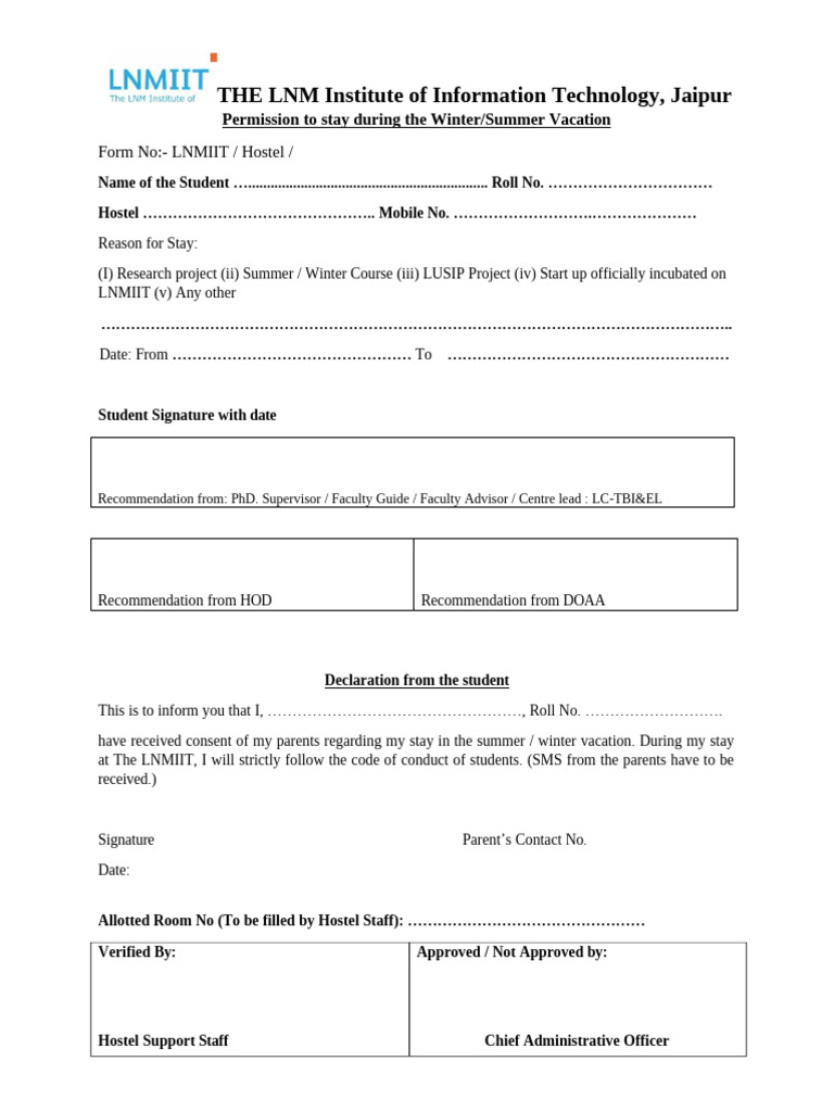 Vacation Stay Form | PDF