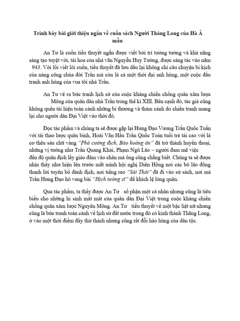 Top 50 Mau Trinh Bay Bai Gioi Thieu Ngan Ve Cuon Sach Nguoi Thang Long Cua Ha An Hay Nhat | PDF