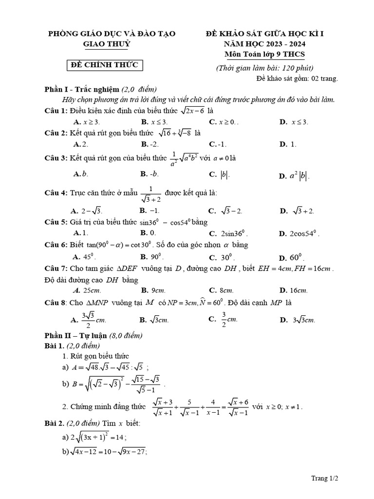 De Giua Hoc Ki 1 Toan 9 Nam 2023 2024 Phong GDDT Giao Thuy Nam Dinh | PDF