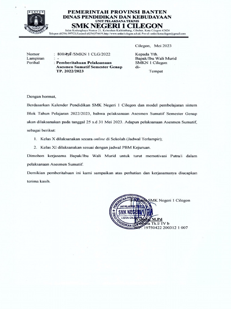 Pemberitahuan Wali Murid Pelaksanaan Asesmen Sumatif Semester Genap TP 2022-2023 | PDF