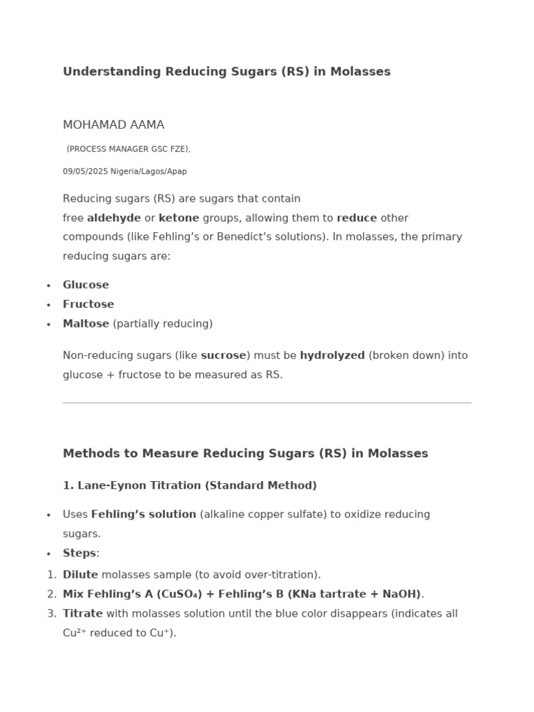 Reducing Sugars in Molasses Analysis | PDF | Sucrose | Sugar